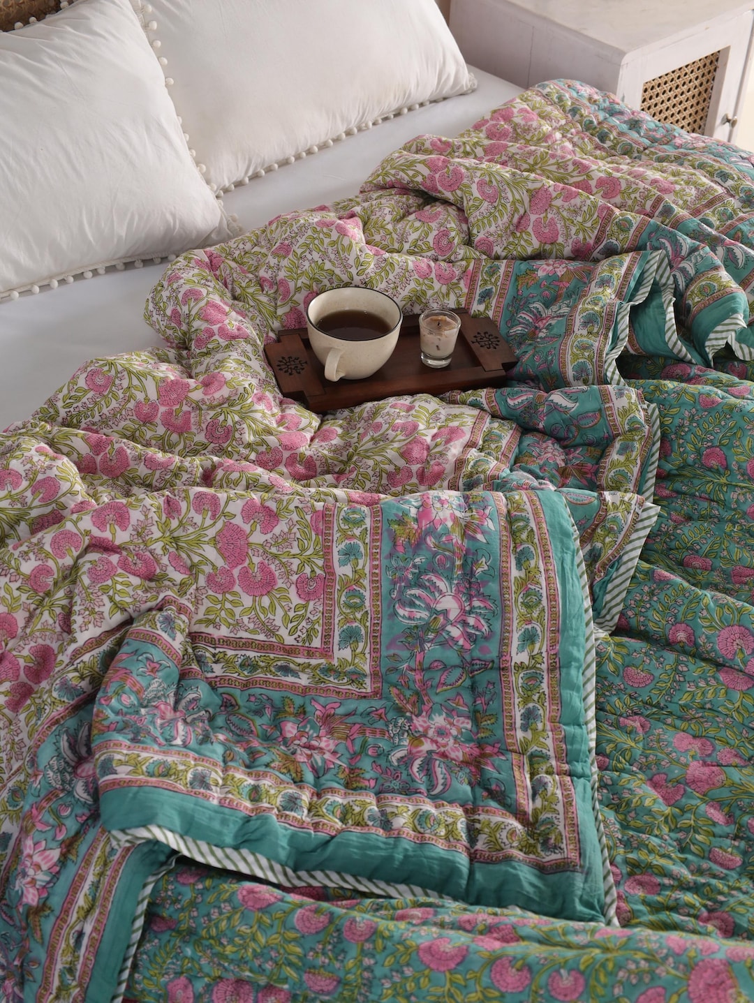 Hand Block Printed Cotton Quilt: Reversible Floral Jaipuri Bedspread - Etsy