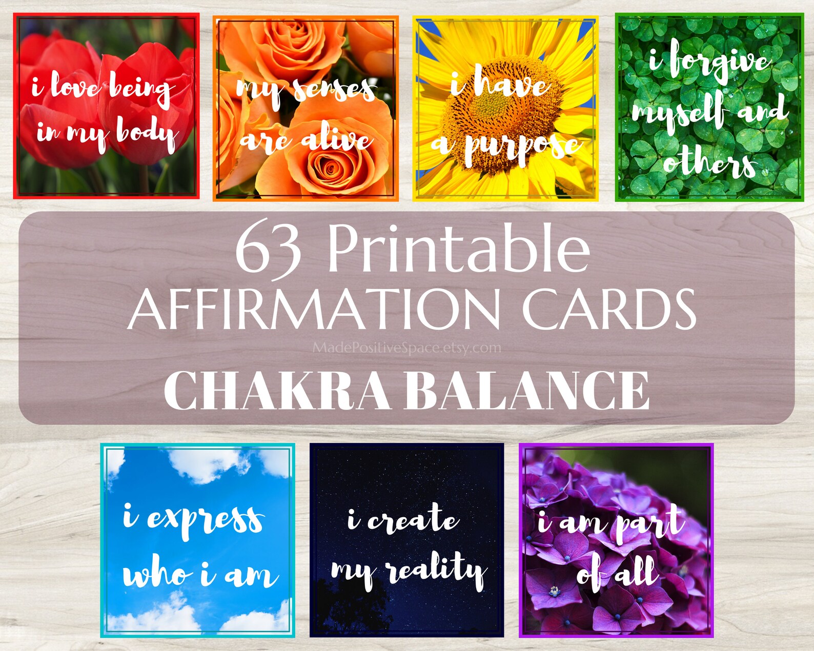 Chakra Affirmation Cards - 63 Printable Cards for Chakra Balance ...
