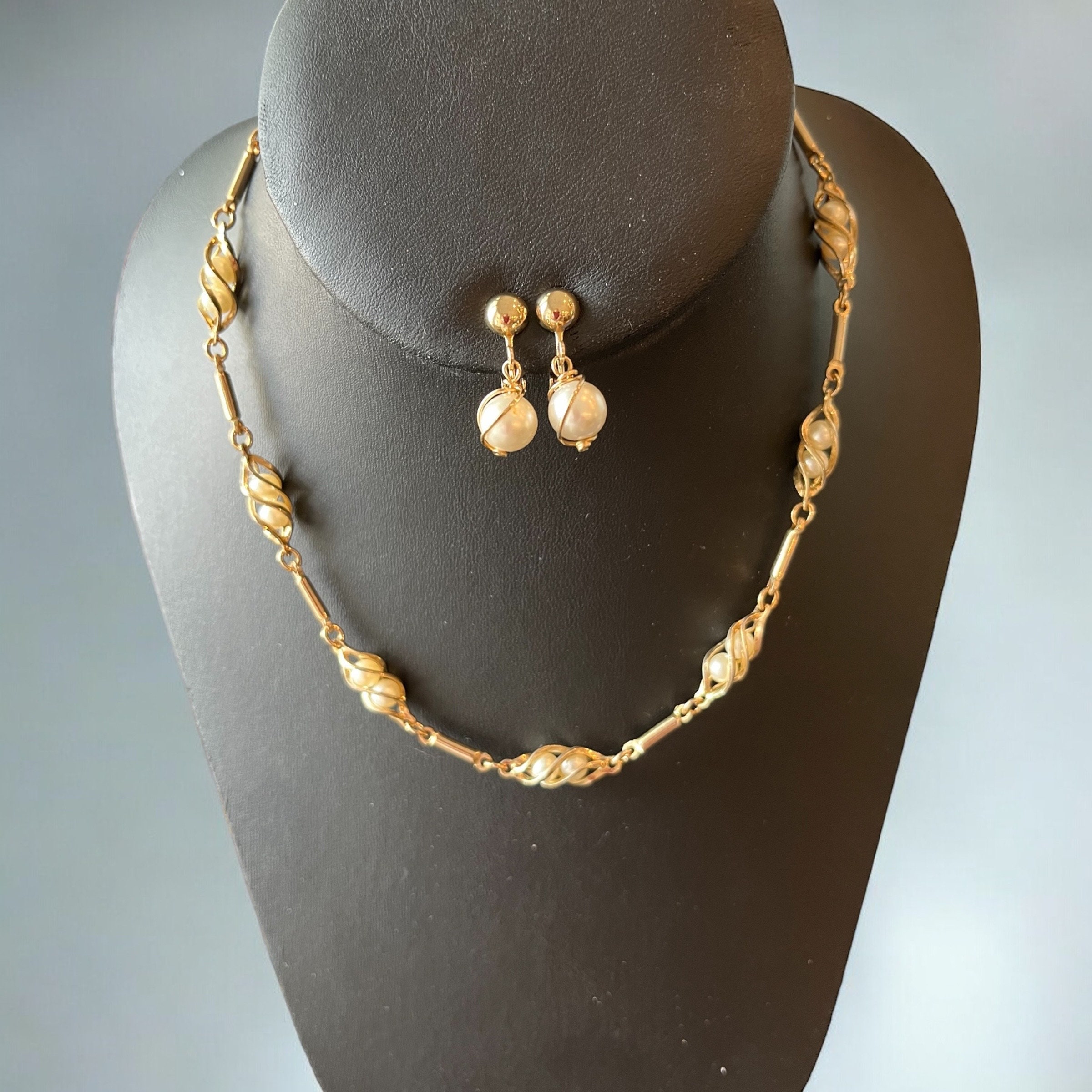 Sarah Coventry Caged Pearl Jewelry Set, 1960s Gold Necklace and ...