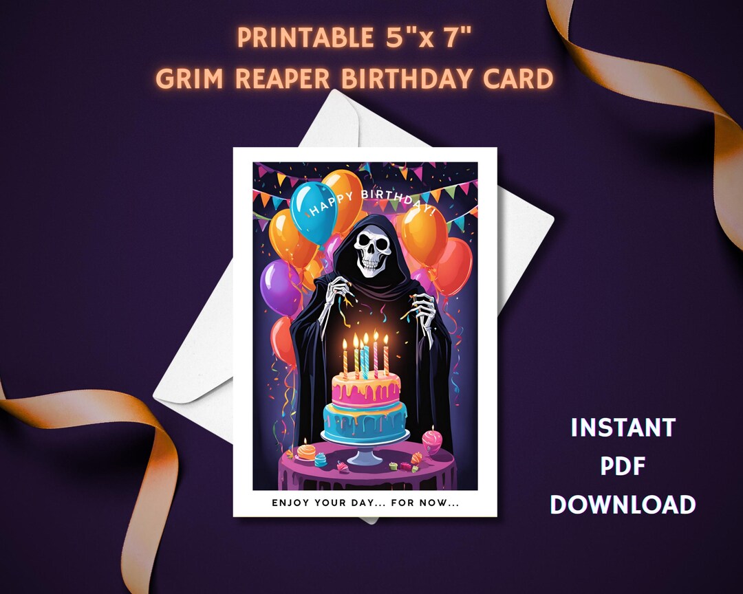 Grim Reaper & Cake, Funny Happy Birthday Card, Memento Mori, Death, PDF ...