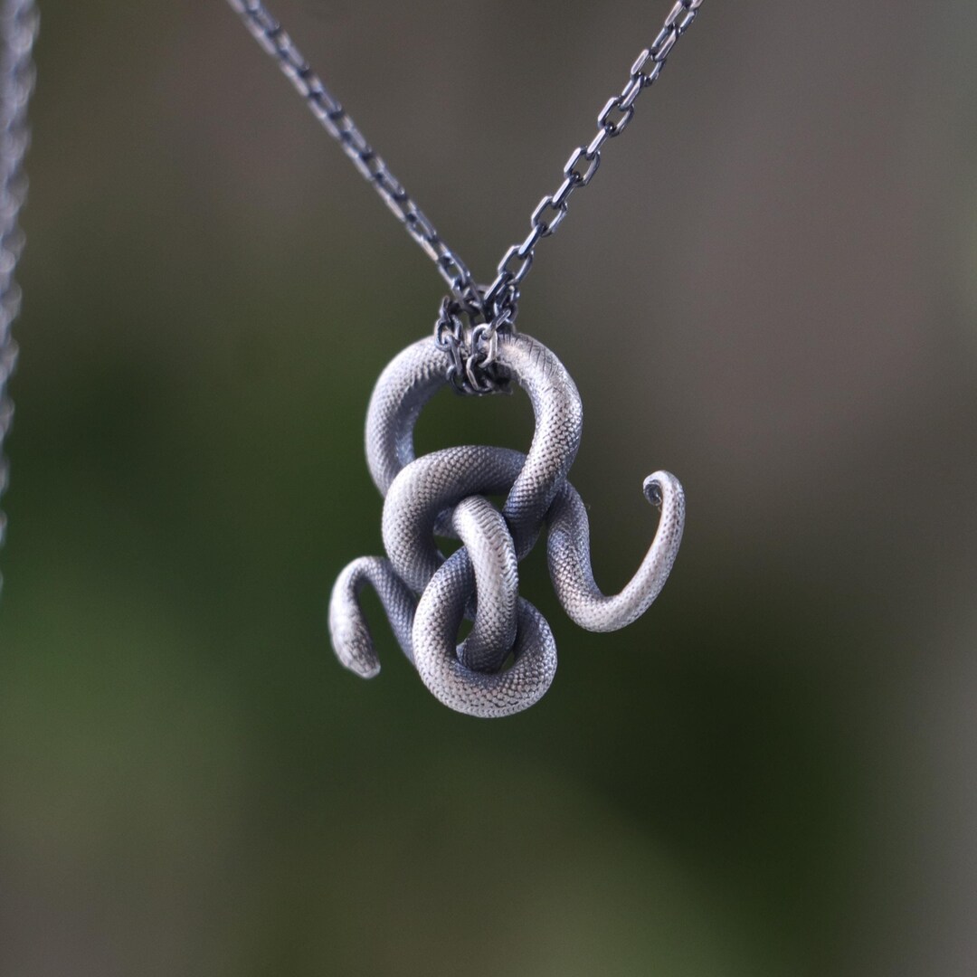 Oxidized Sterling Silver Serpent Necklace, Solid Coiled Snake Pendant ...
