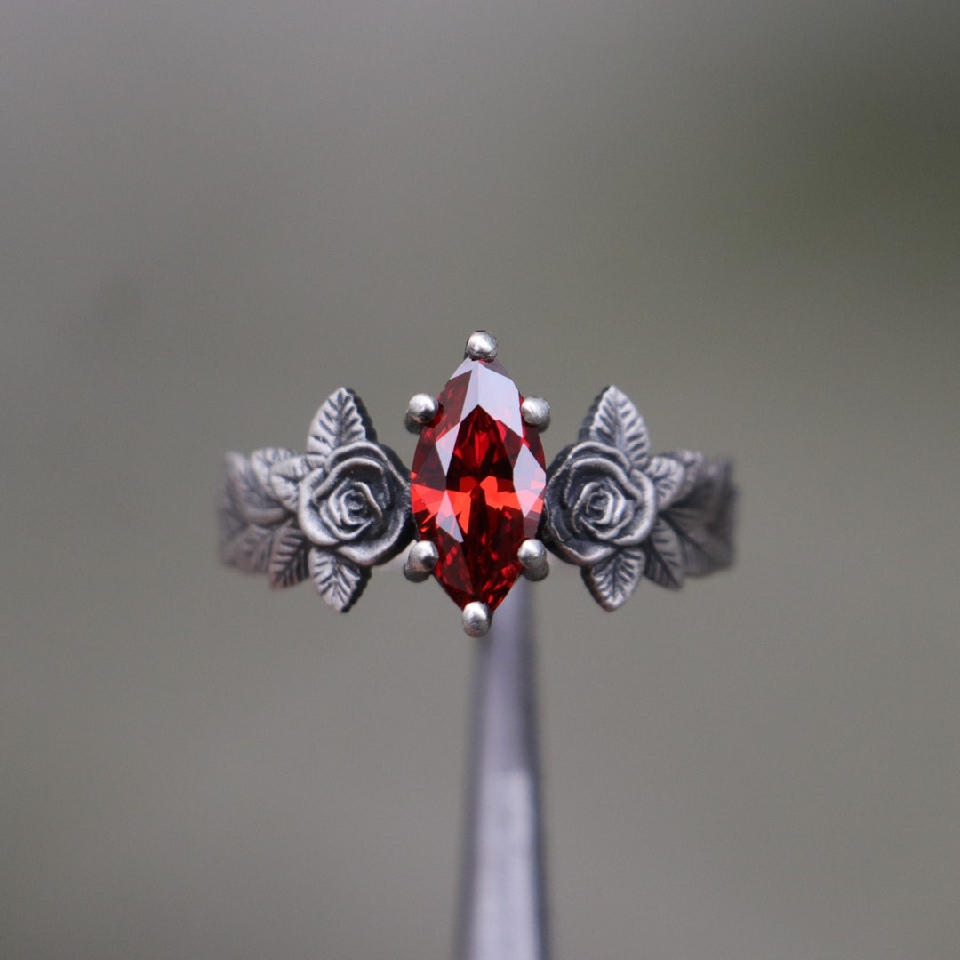 Ruby Silver Ring, 925 Silver Marquise Ruby Ring, Flower Ruby Ring, Red Stone Silver Ring ...