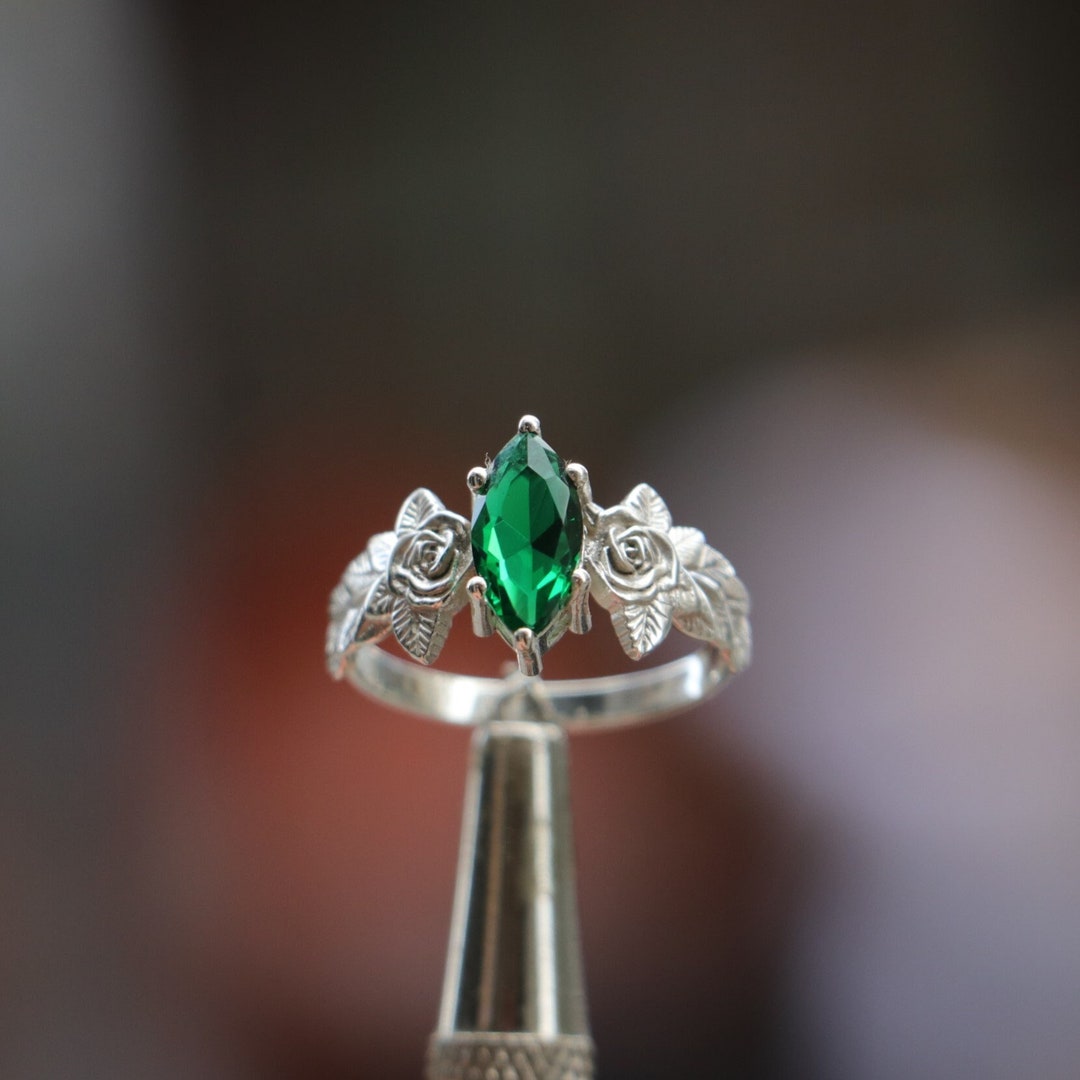 Marquise Emerald 925k Silver Ring, Silver Emerald Ring, Engagement Ring, Unique Proposal Ring ...