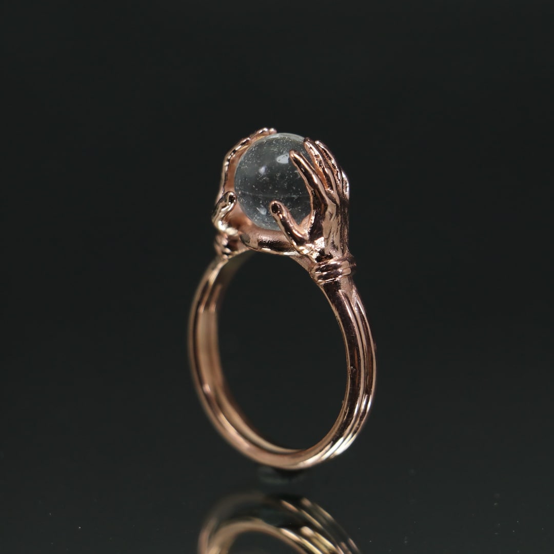 925 Silver Rose Gold Plated Witch Ball Ring, Hands Ring, Quartz Ring ...