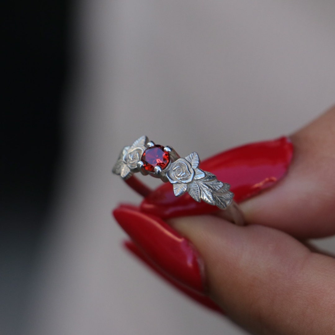 925K Silver Minimalist Ruby Ring, Ruby Gold Plated Ring, Flowers Ring ...