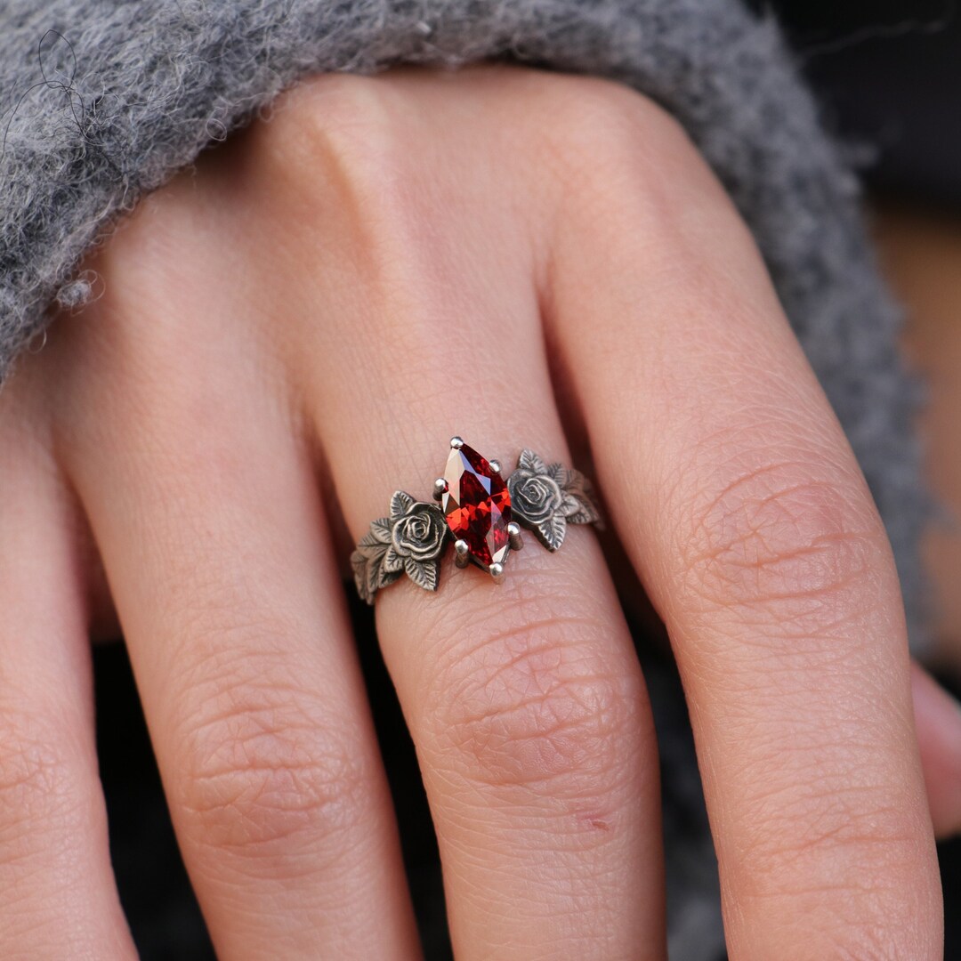 925 Silver Marquise Garnet Ring, 14k White Gold Plated Garnet Ring ...