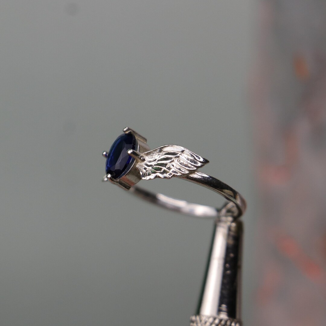 Oval Sapphire 925 Sterling Silver Wings Ring Handcrafted, Angelic ...