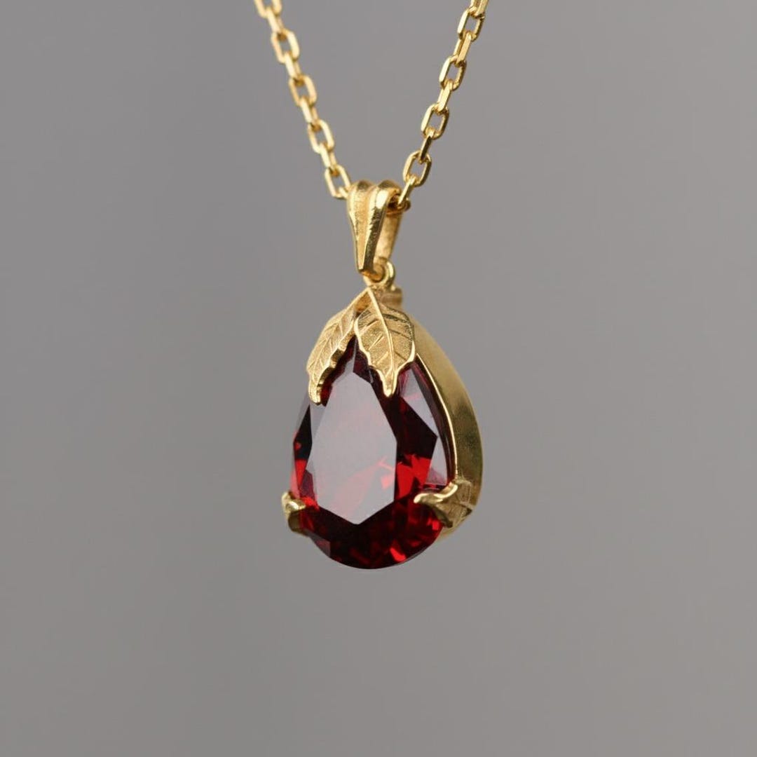Teardrop Ruby Red Leaf Necklace: Gold Filled Jan Birthstone Pendant - Etsy
