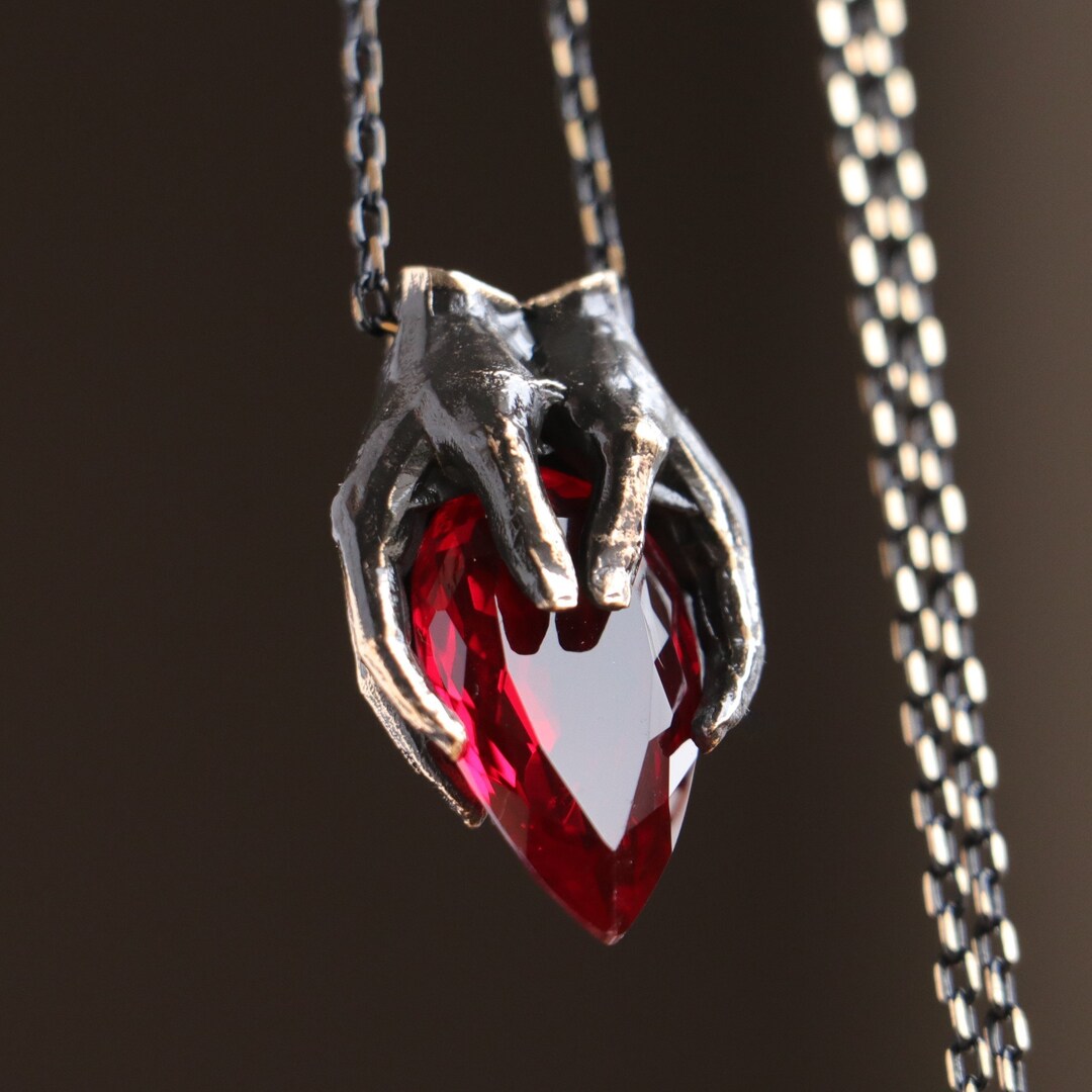 Drop Garnet Necklace, Hands Design Necklace, Unique Ruby Necklace ...
