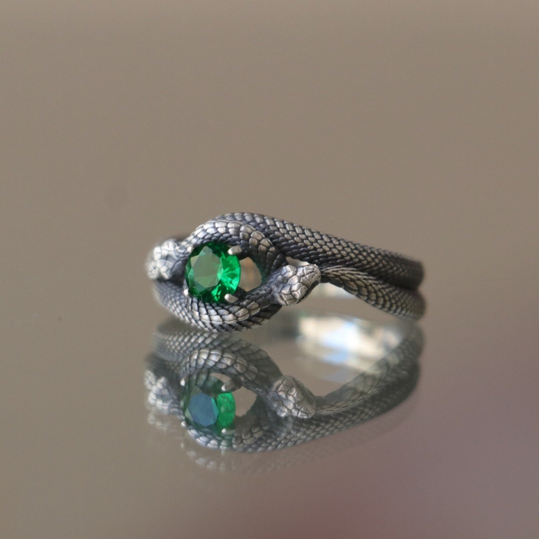 Ouroboros 925K Oxidized Silver Ring, Emerald Snake Silver Ring, Goth ...