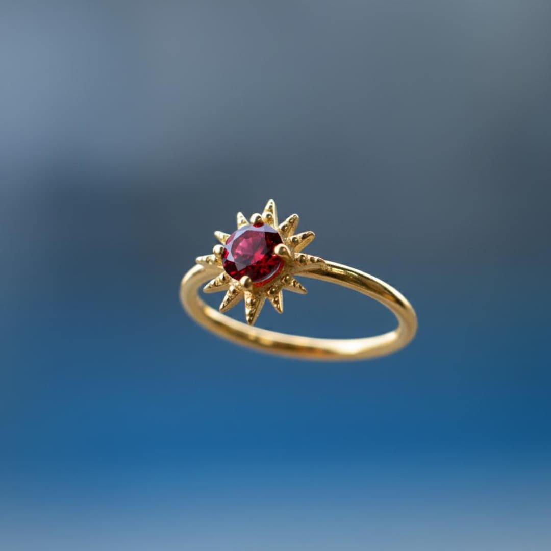 Ruby Sun Ring, Gold Plated Silver, Dainty Garnet Ring - Etsy