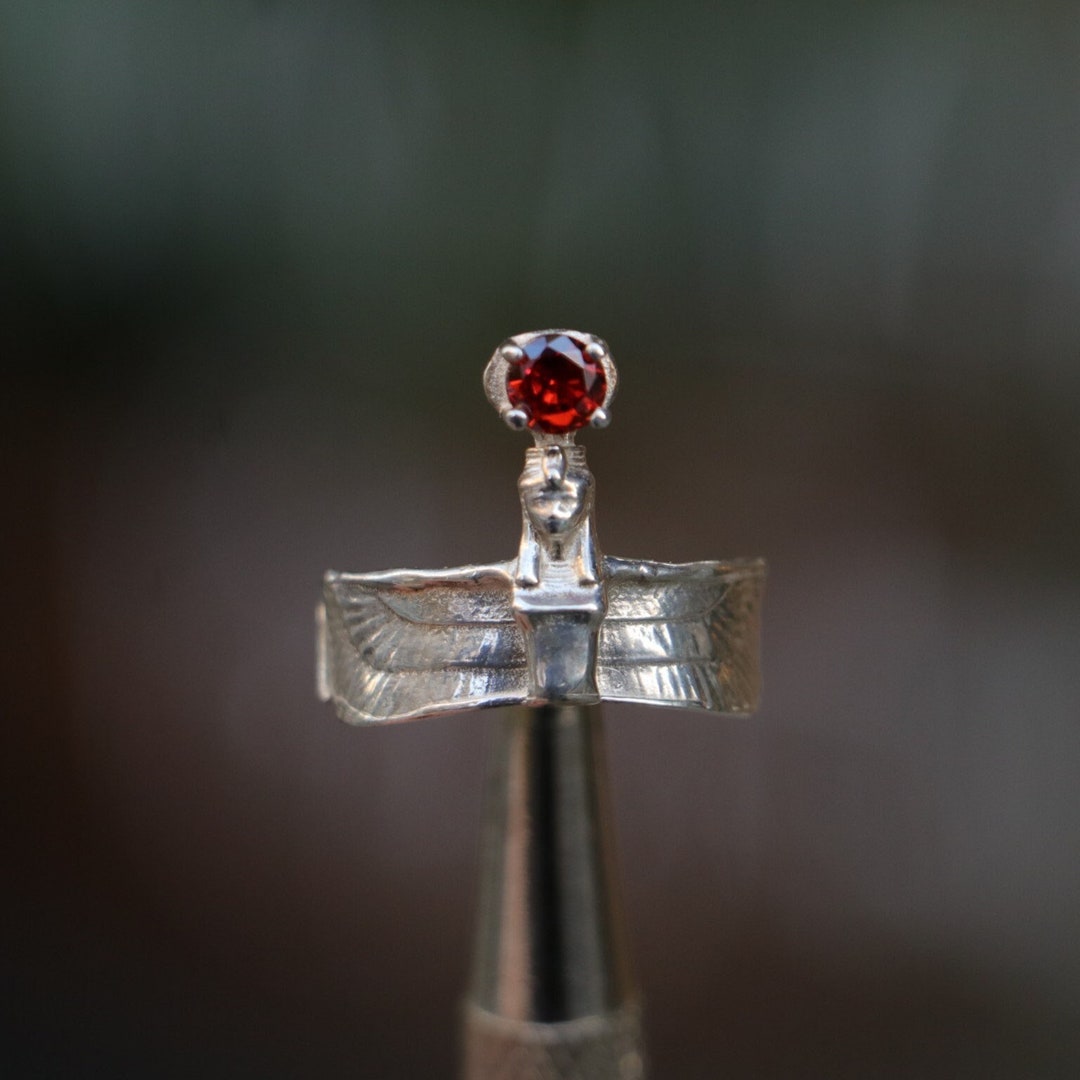 Isis Ring 925K Sterling Silver, Egyptian Goddess Isis Band Ruby Ring, Ancient Mythology Handmade ...