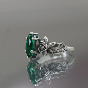 Emerald Rose Leaf 925 Silver Marquise Ring, Flower Emerald Ring, Green Stone Silver Ring ...