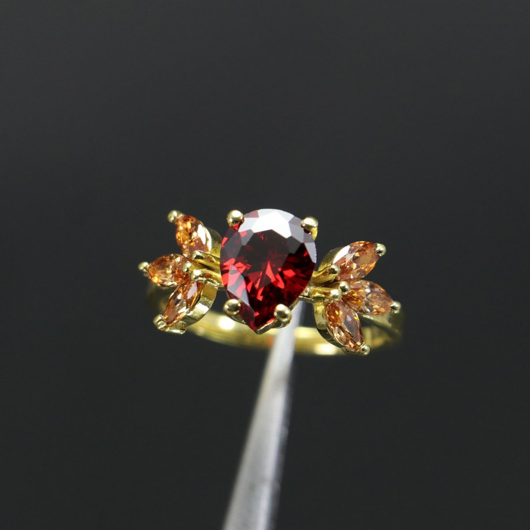 Pear Ruby Engagement Ring, Yellow Gold Plated Silver, Anniversary Ring ...