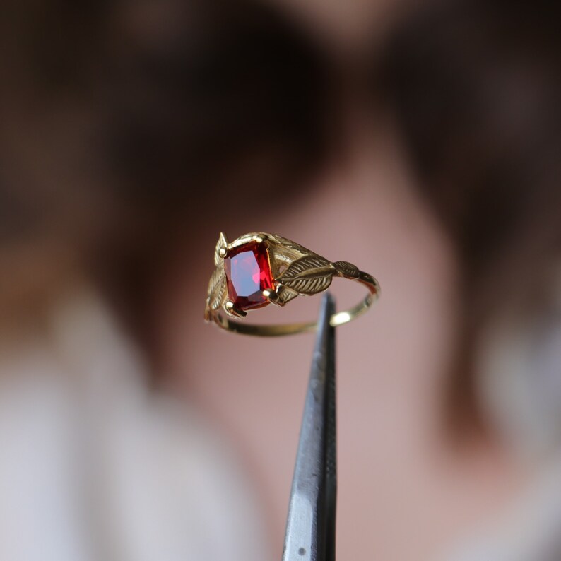 Emerald Cut Ruby Leaf Ring Sterling Silver Ruby Ring Gold | Etsy