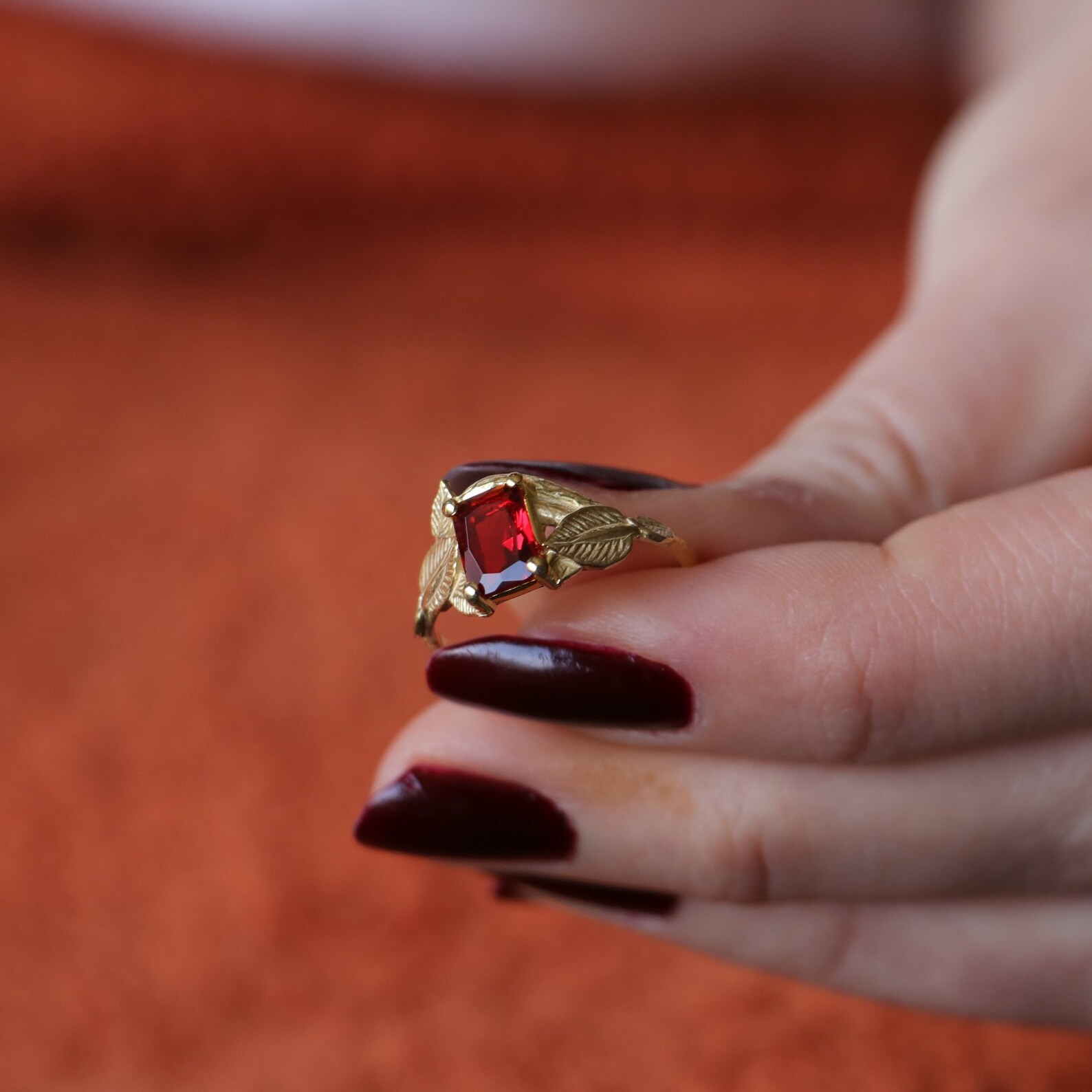 Emerald Cut Ruby Leaf Ring Sterling Silver Ruby Ring Gold - Etsy