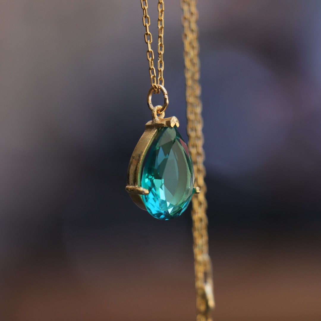 925 Silver Gold Plated Emerald Necklace, Tear Drop Emerald Necklace ...