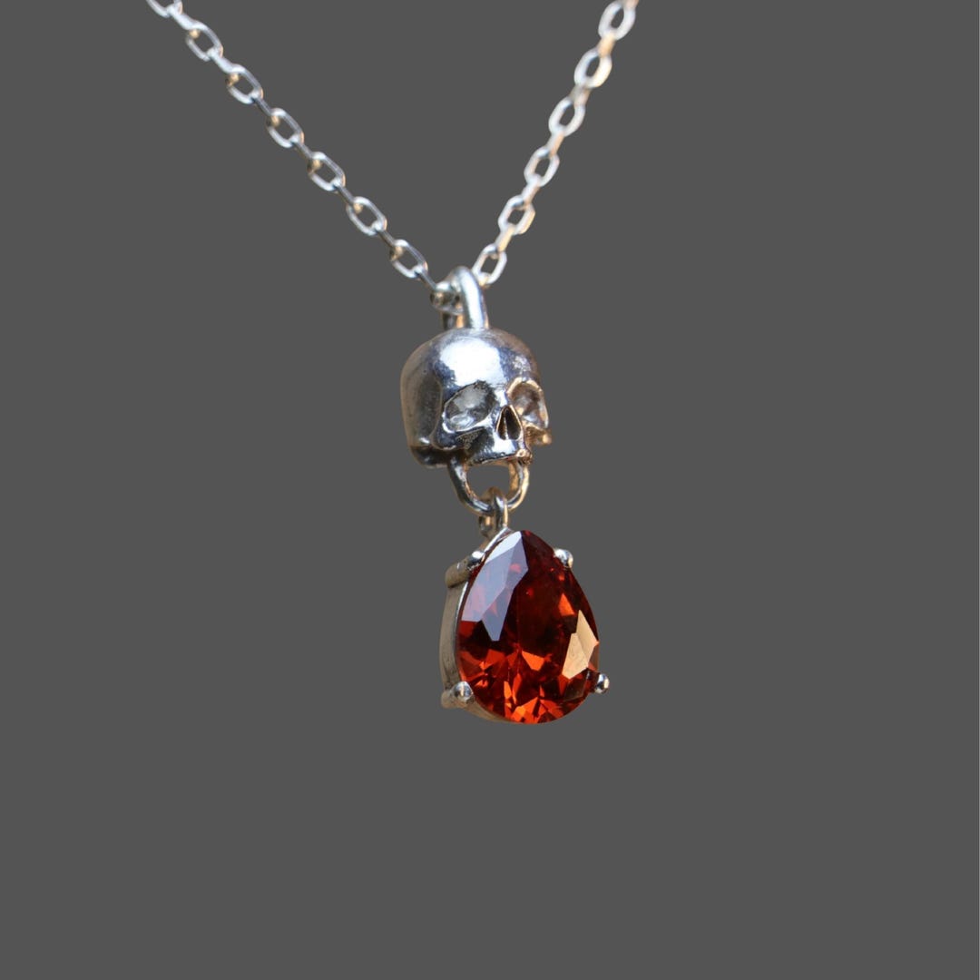 925 Silver Skull Necklace, Garnet Pendant, Gothic Jewelry - Etsy