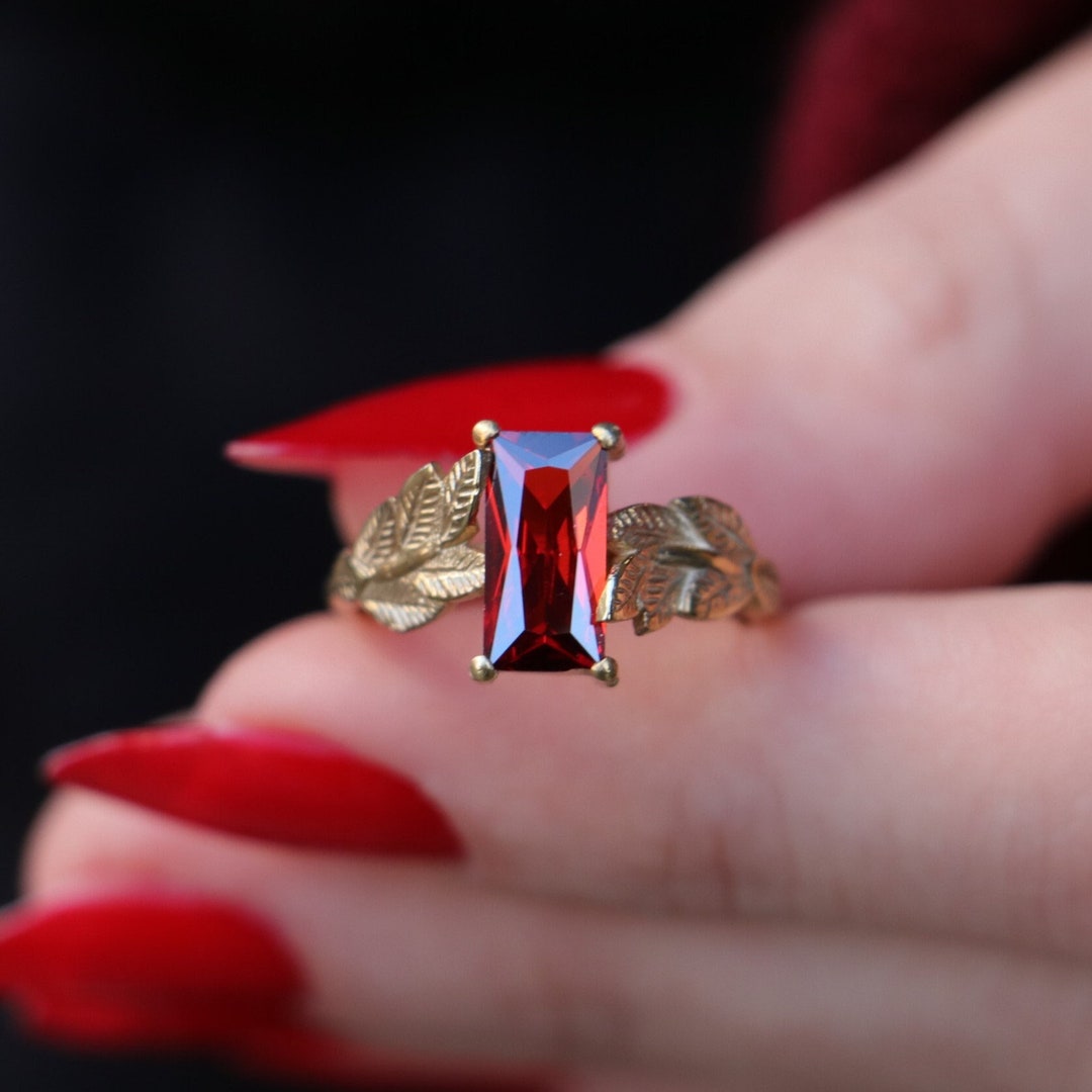 Gold Plated Ruby Leaf Ring, 925 Silver Ruby Dainty Leaf Ring, Silver Ruby Branch Ring, Handmade ...
