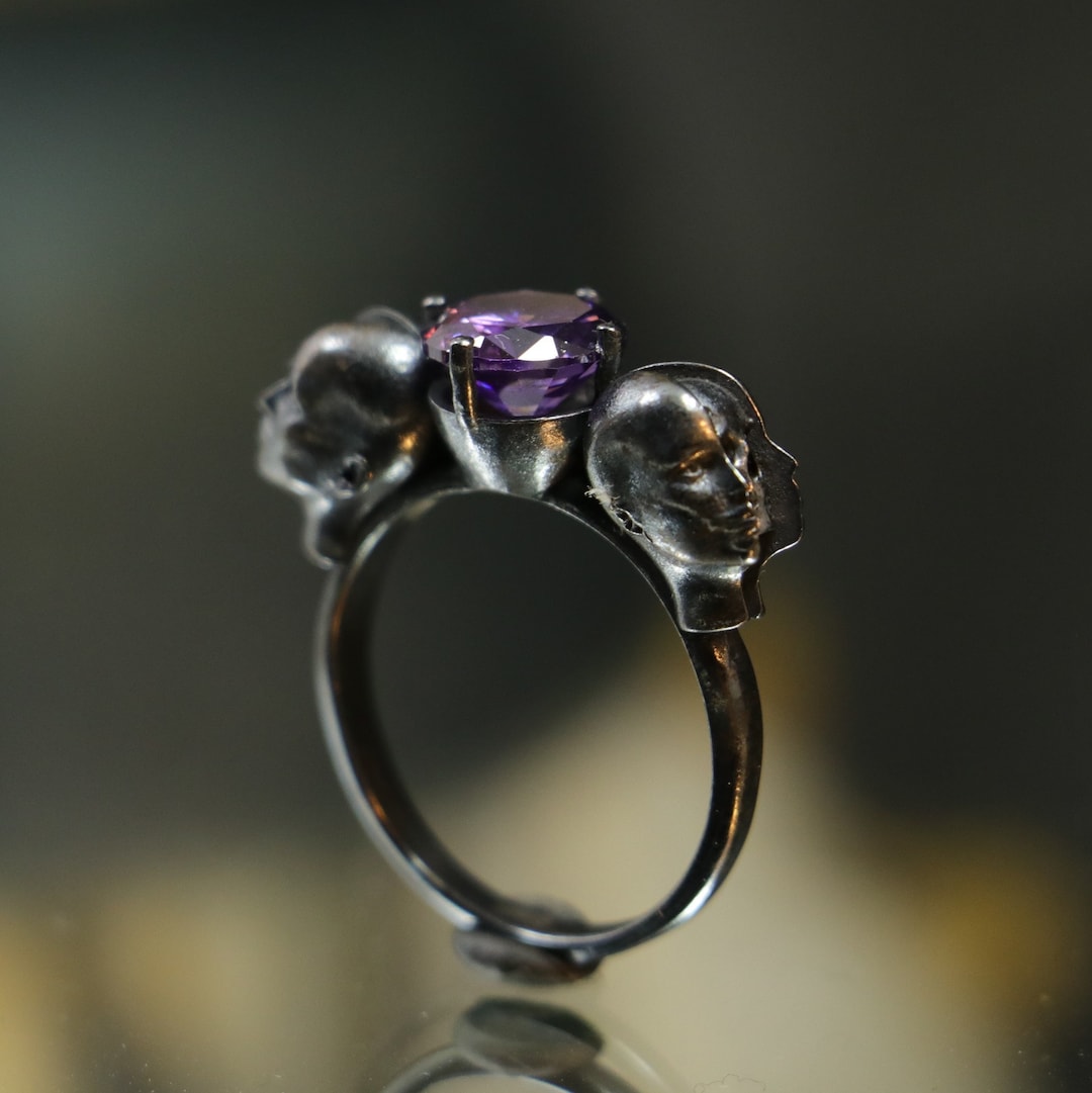 Skull Black Amethyst 925 Silver Ring, Oxidized Silver Ring, Gothic ...