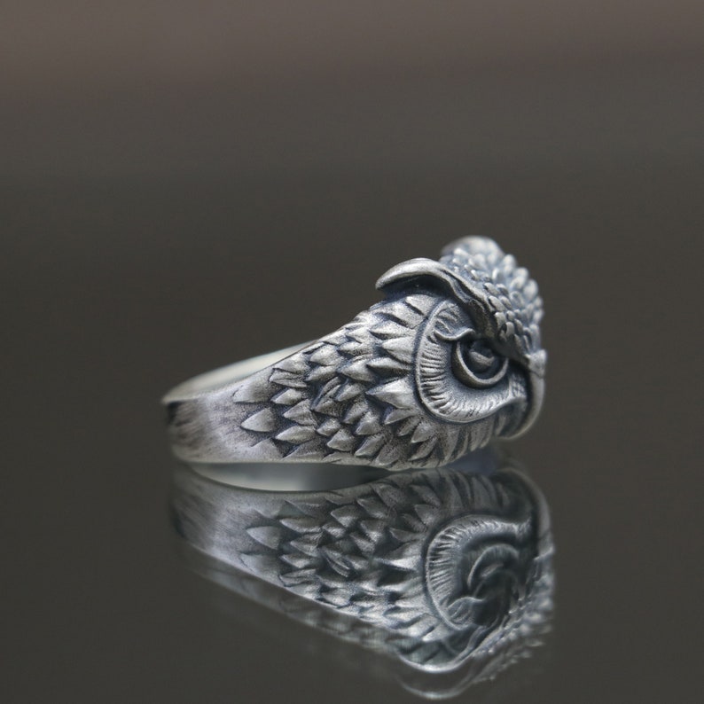 Oxidized Sterling Silver Owl Ring, Engraved Bird Jewelry - Etsy