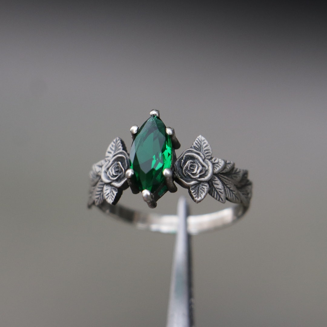 Emerald Rose Leaf 925 Silver Marquise Ring, Flower Emerald Ring, Green Stone Silver Ring ...