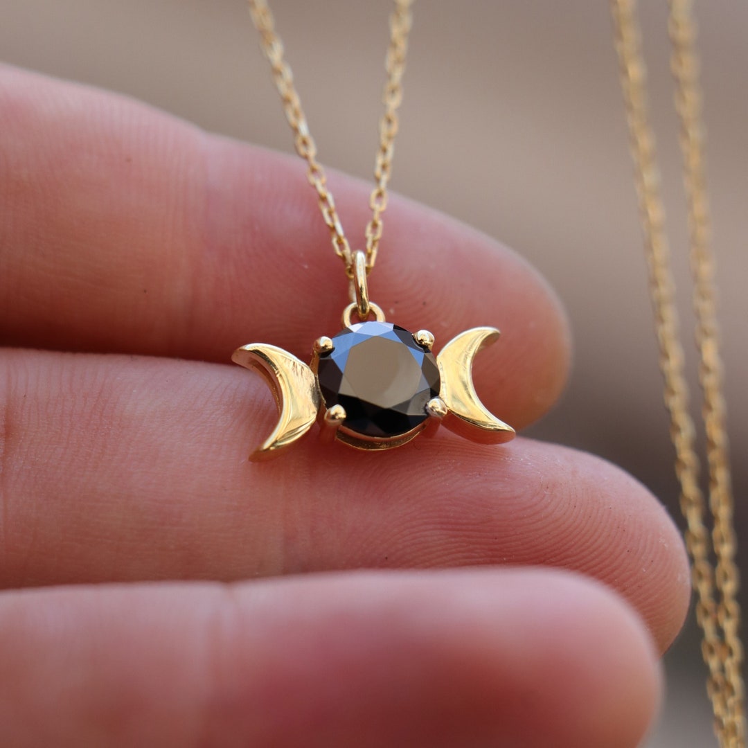 Onyx Witch Jewelry for Women, Triple Moon Goddess Necklace, Obsidian ...