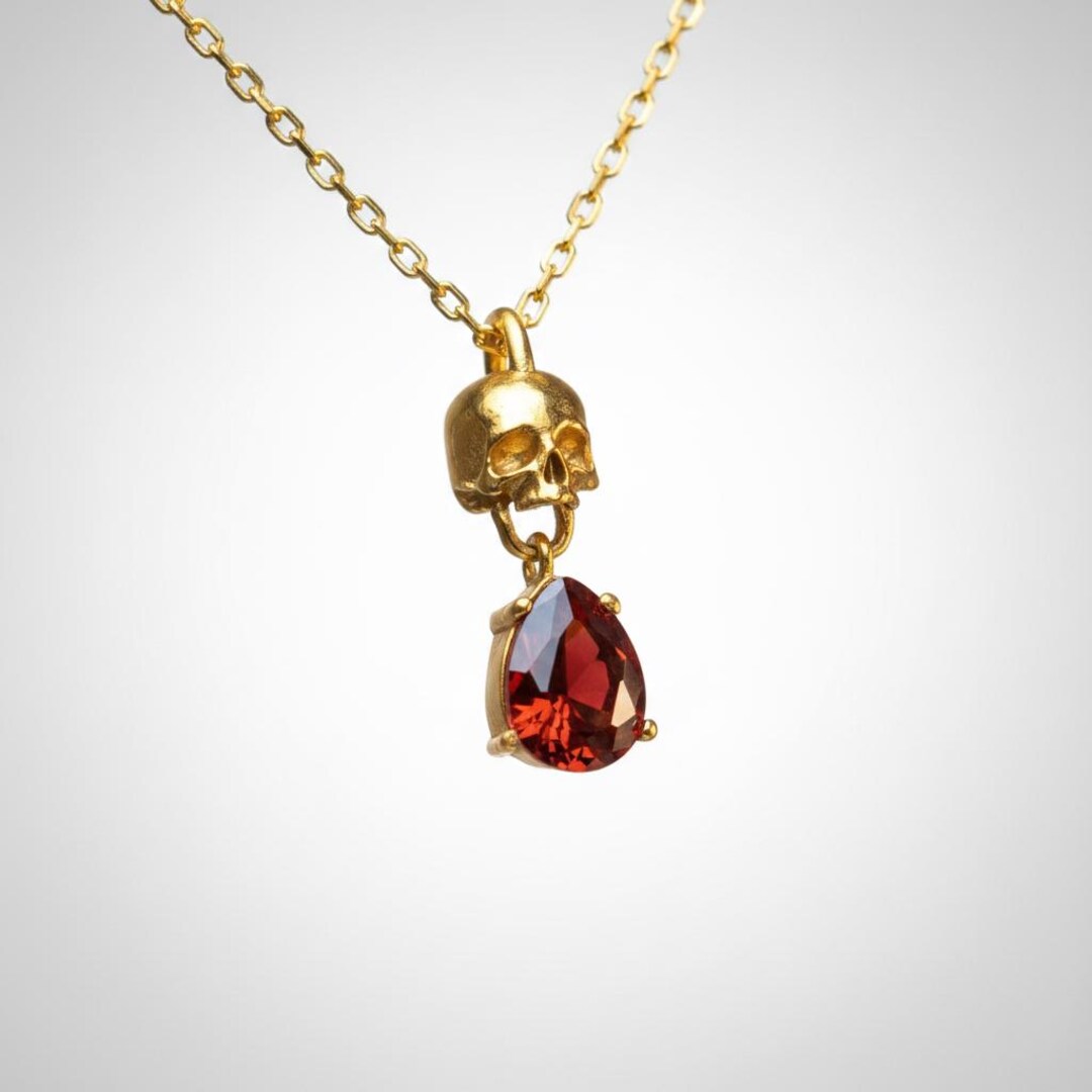 Minimalist Gold Skull Necklace, Sterling Silver Memento Mori, Garnet ...
