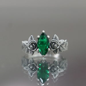 Emerald Rose Leaf 925 Silver Marquise Ring, Flower Emerald Ring, Green Stone Silver Ring ...