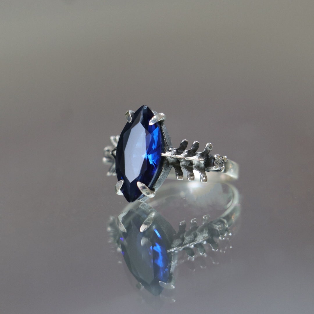Marquise Sapphire Bone Spine Ring, Oxidized Sterling Silver, Gothic ...