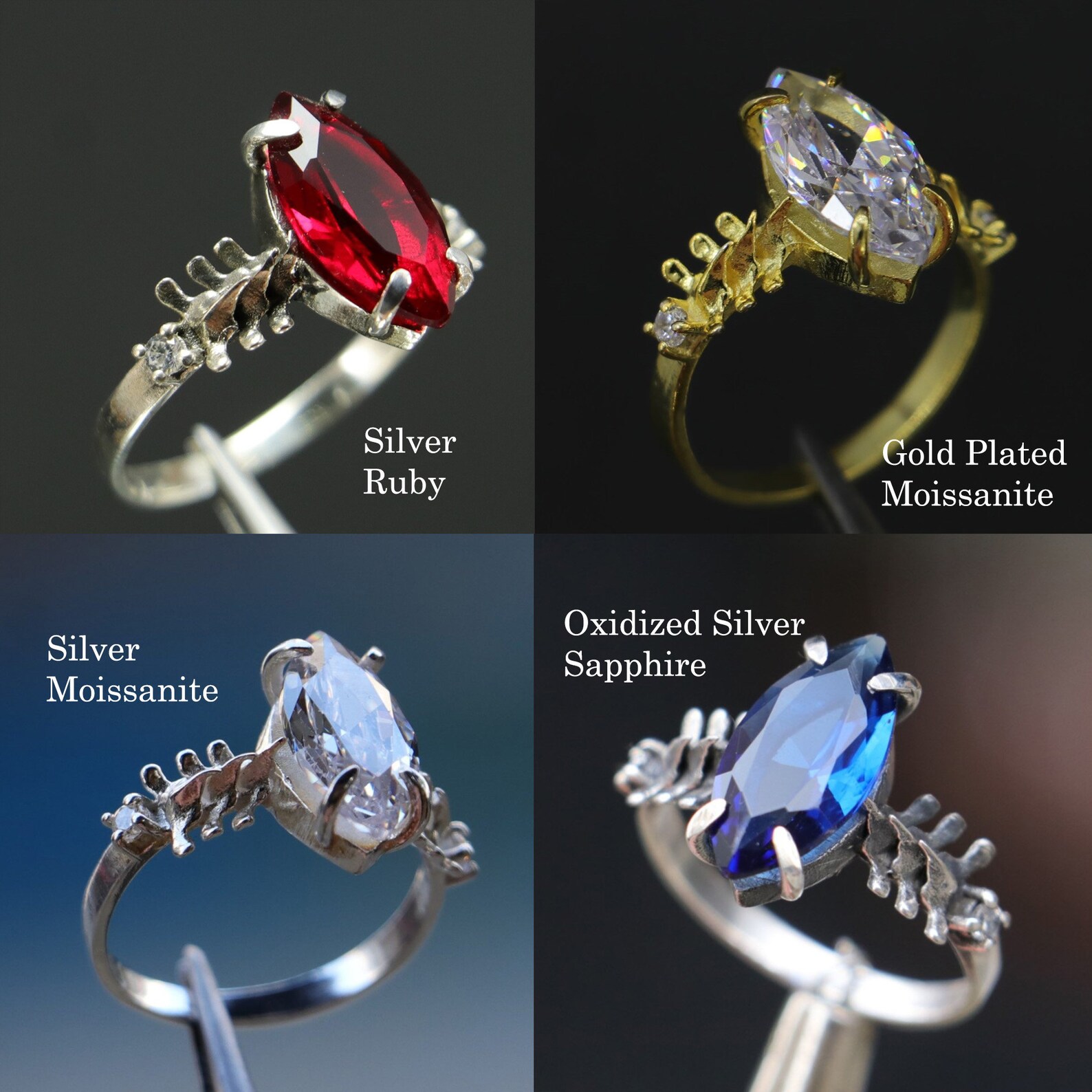 Marquise Sapphire Bone Spine Ring, Oxidized Sterling Silver, Gothic ...