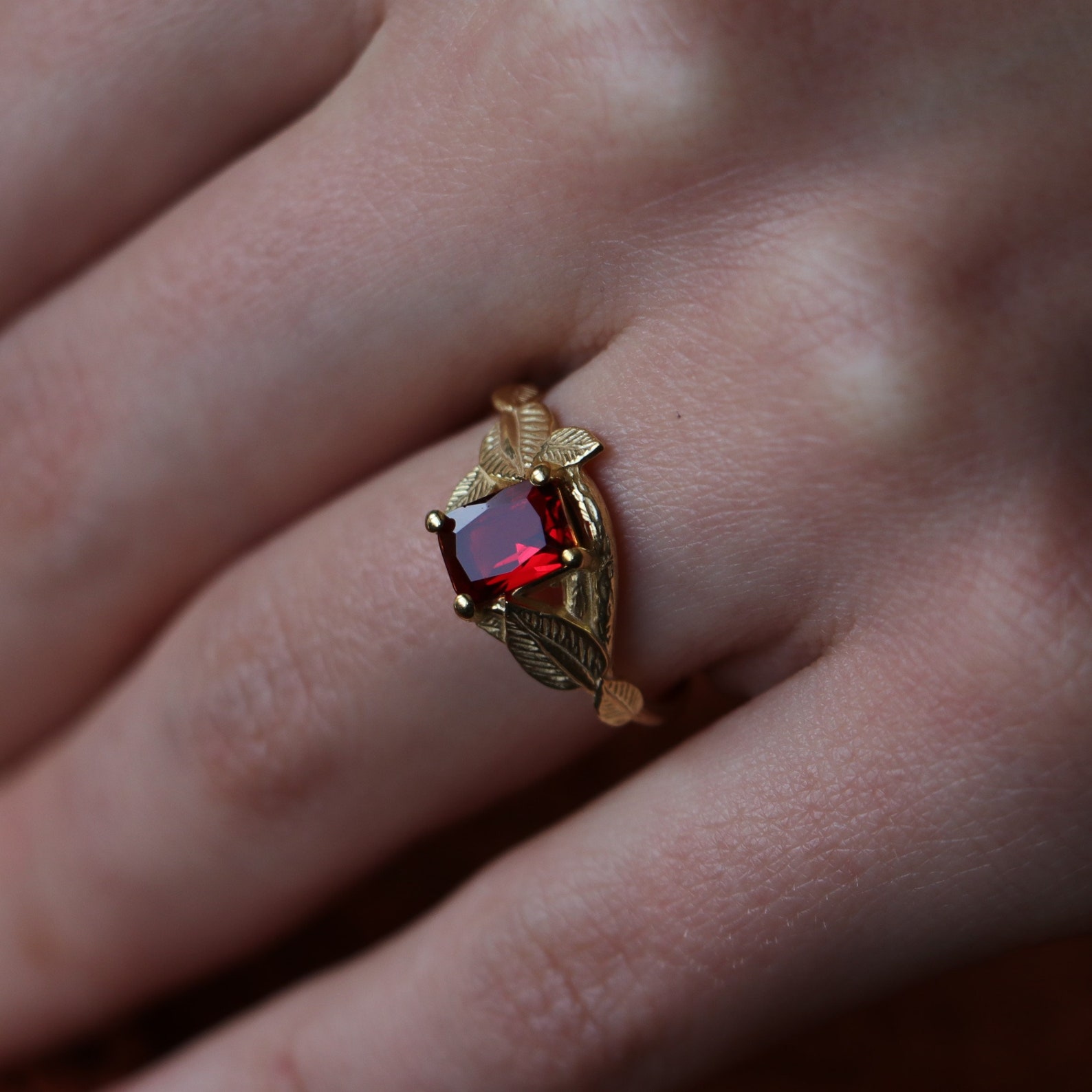 Emerald Cut Ruby Leaf Ring Sterling Silver Ruby Ring Gold - Etsy