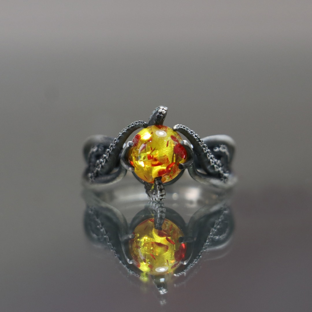 Amber Octopus 925 Oxidized Silver Ring, Amber Ring, Octopus Handmade ...