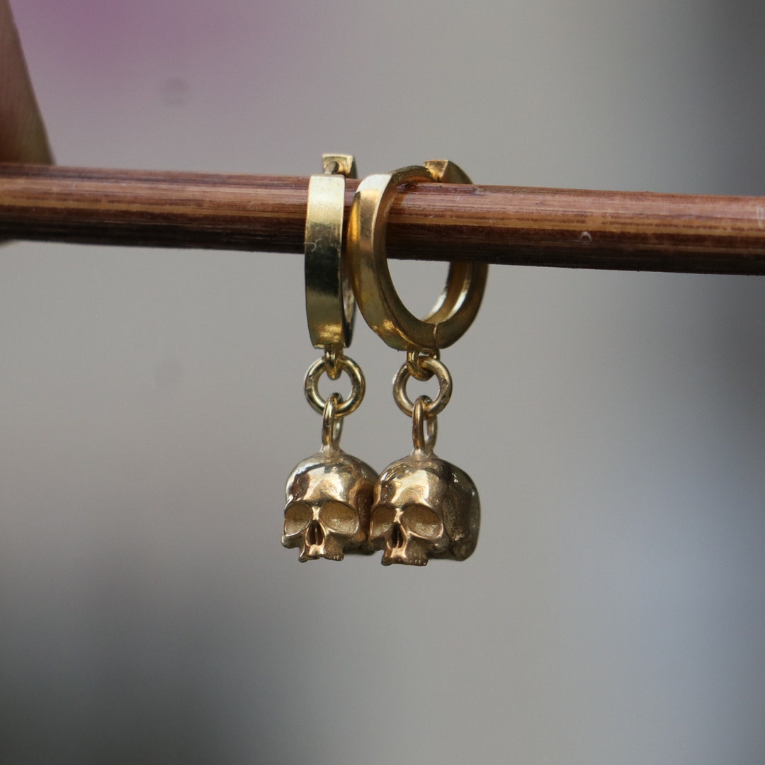 925 Silver Gold Plated Skull Earring, Handmade Gold Plated Skull ...