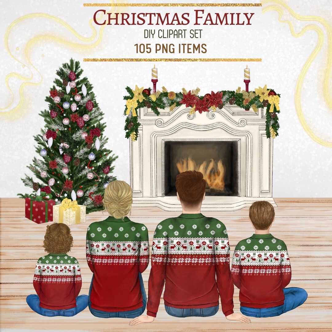 Christmas Family Clipart. Holiday Home Interior. Warm Fireplace Graphic ...
