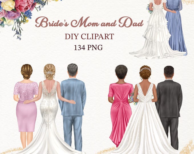 Bride With Mom and Dad Clipart, Wedding Family Clipart, Mother of the ...