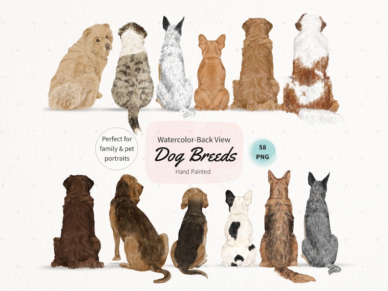 Watercolor Back View Dogs PNG | Pet Portrait Creator Clipart | Custom ...