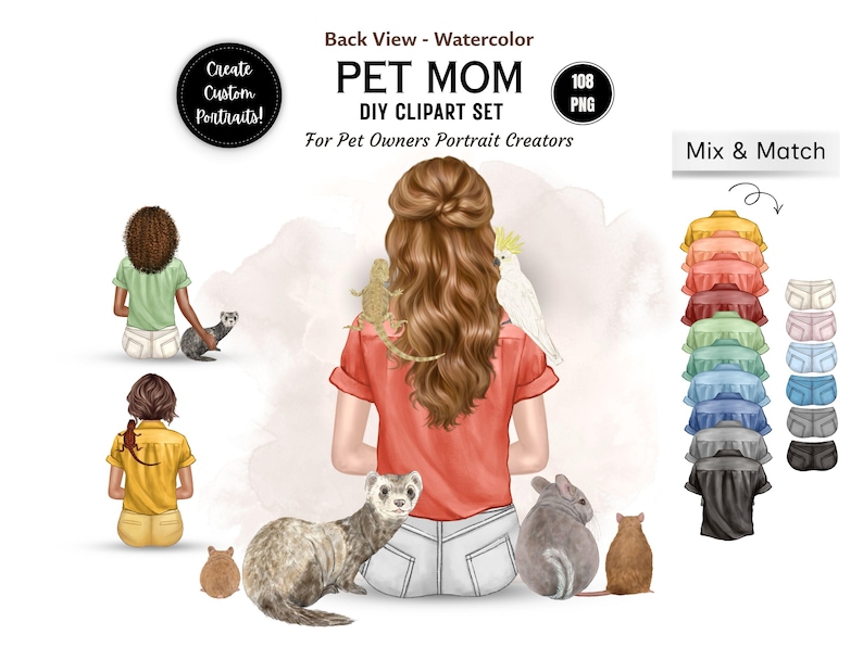 Woman With Exotic Pets Portrait Creator, Back View Pet PNG Bundle ...