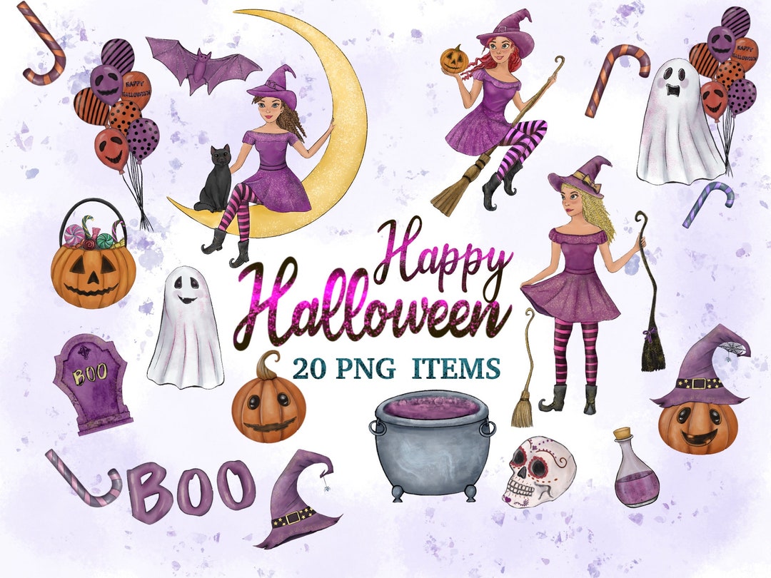 HAPPY HALLOWEEN Clipart. Printable Cute Witch Graphics. - Etsy