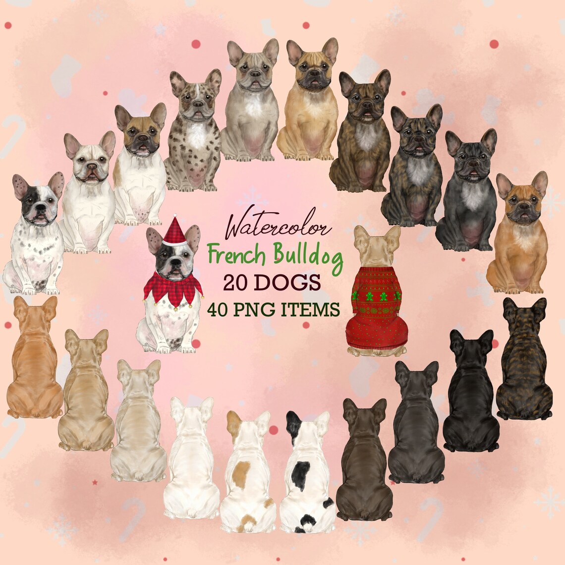 Christmas French Bulldog Clipart. Christmas Dog Png. Sitting Puppy ...