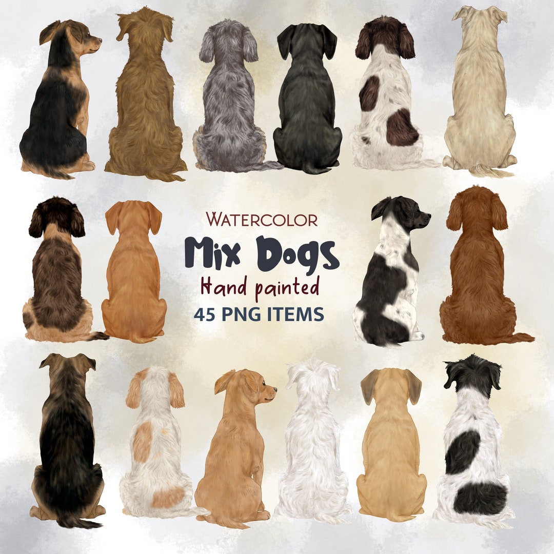 Watercolor Mix Dog Clipart. Dog Breeds From Back. Family Members ...