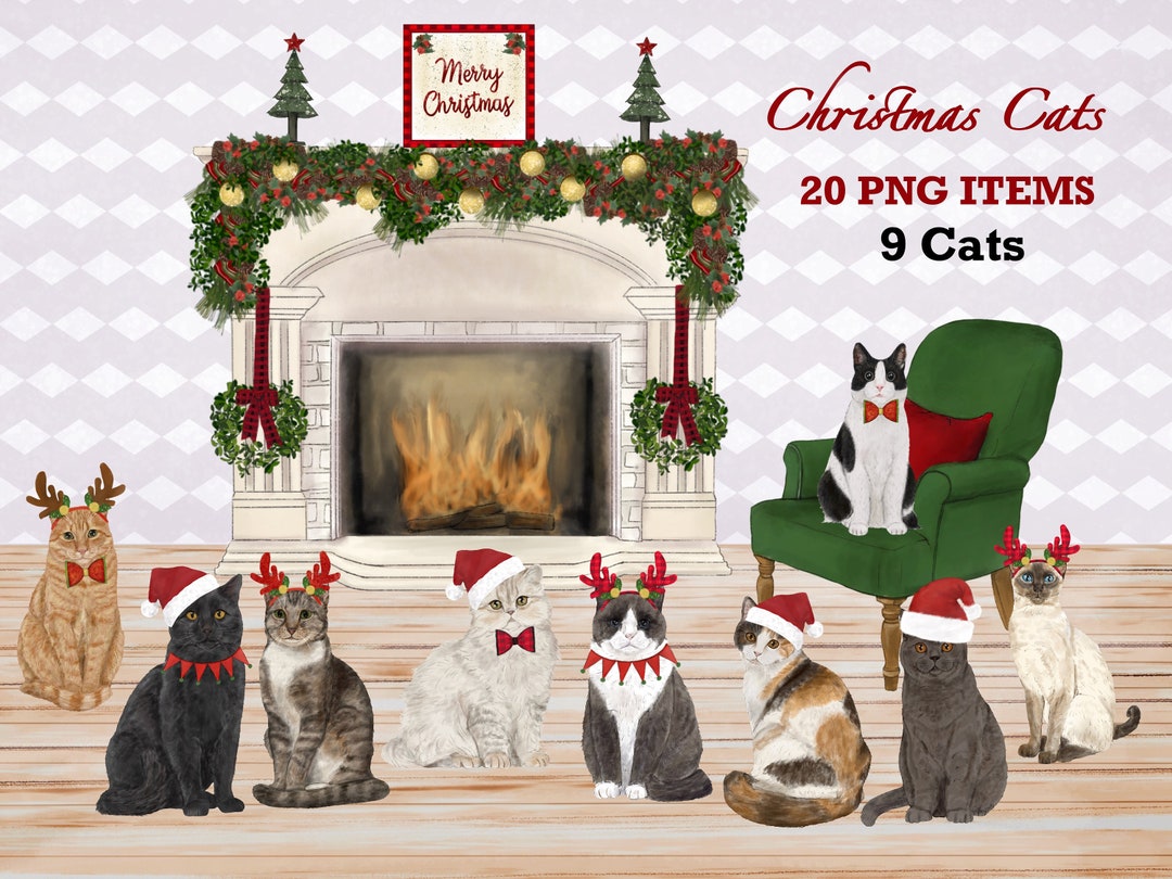 Christmas Cat Clipart. Watercolor Cat Illustration. Christmas Decor ...