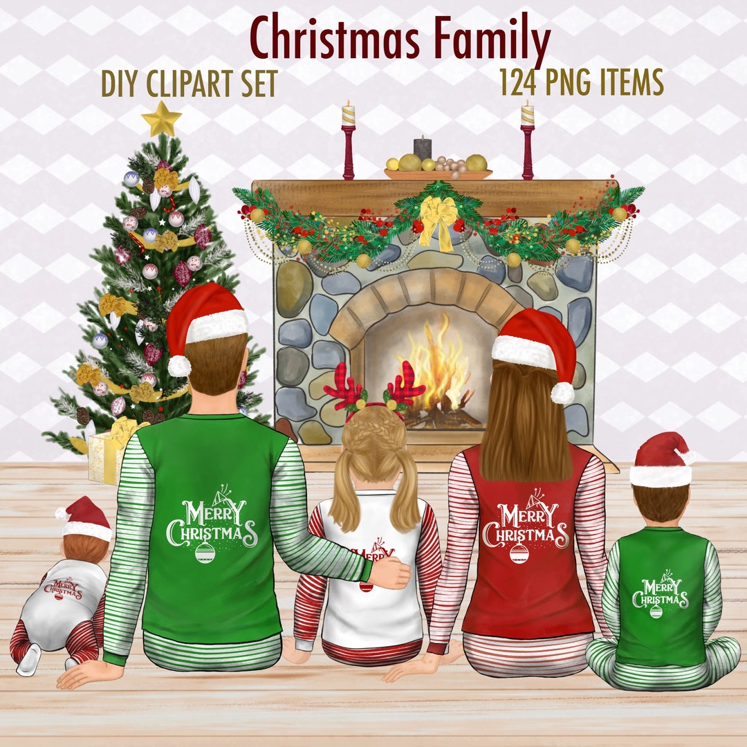 Christmas Family Clipart. Family DIY Portrait. Cozy Fireplace. Holiday ...