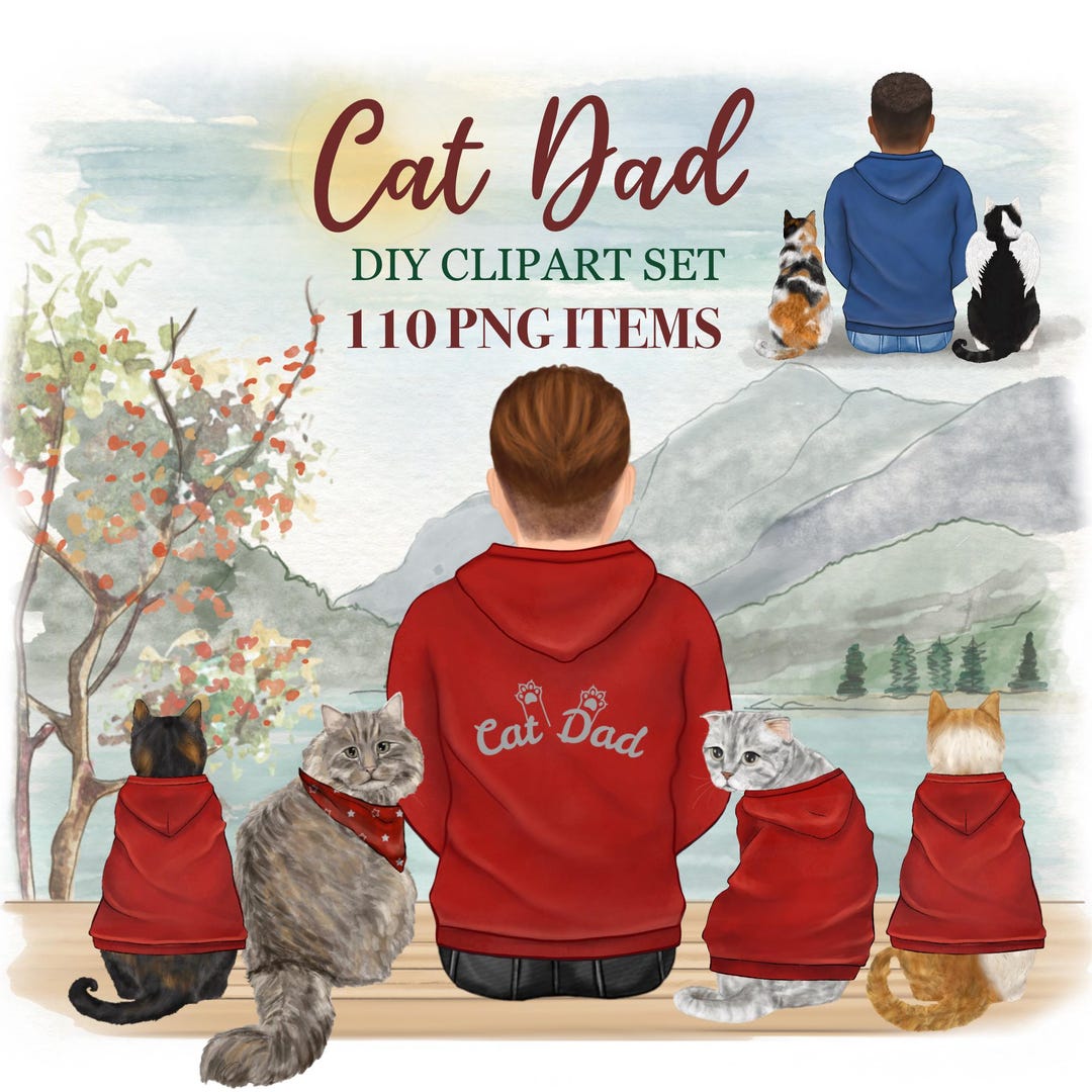Cat Dad Clipart. Cat Father Png. Sitting Man With Cats. Man Portrait ...