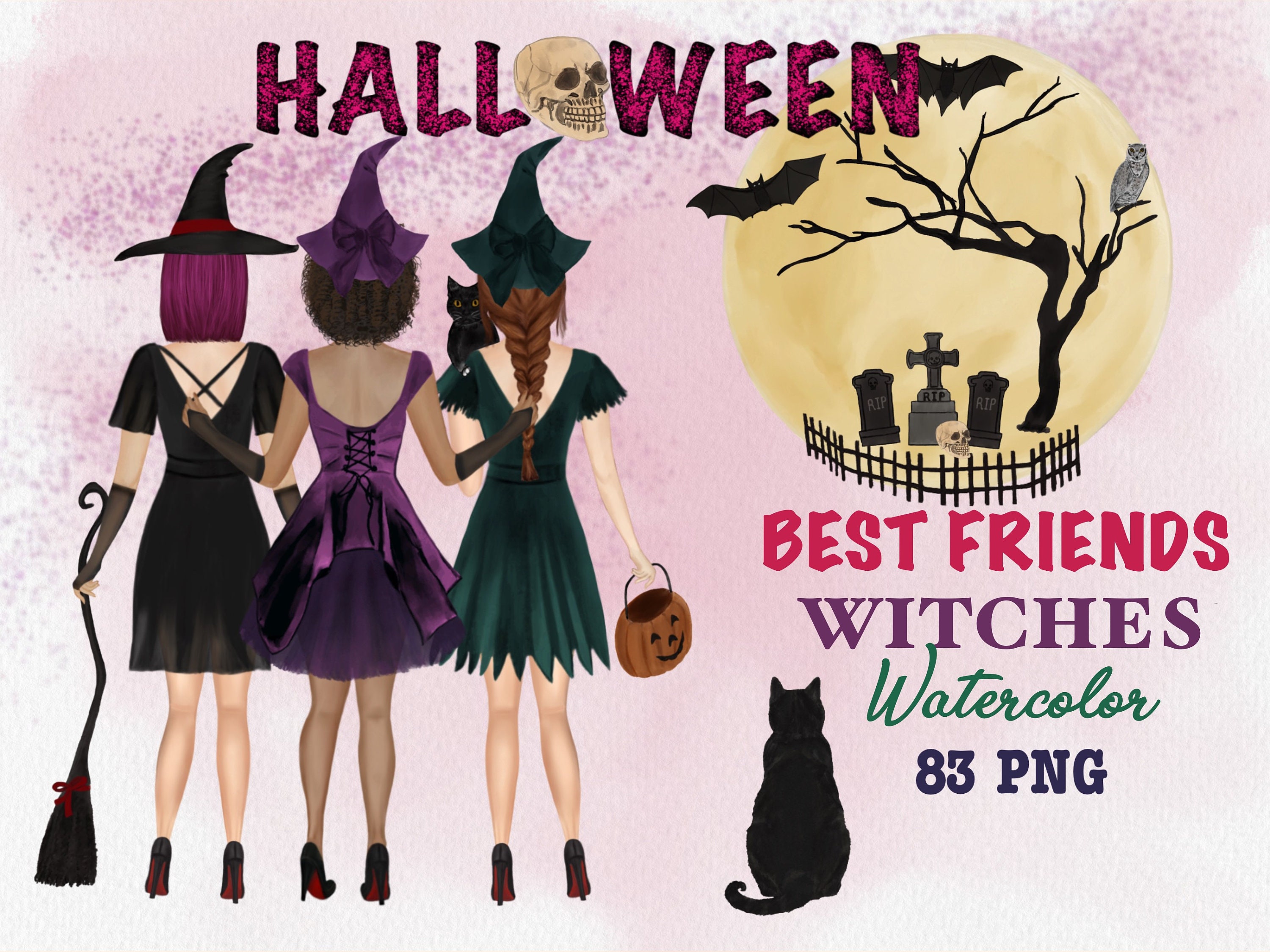 Watercolor Best Friends Clipart. Halloween Witches. Halloween - Etsy