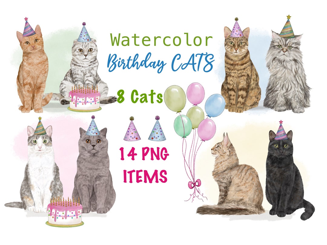 Watercolor Cat Clipart. Cute Birthday Cat Illustration. Nursery Kitten ...