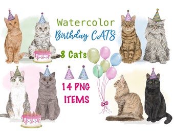 Cute Cat Birthday Clipart PNG Bundle. Watercolor Party Kittens With ...