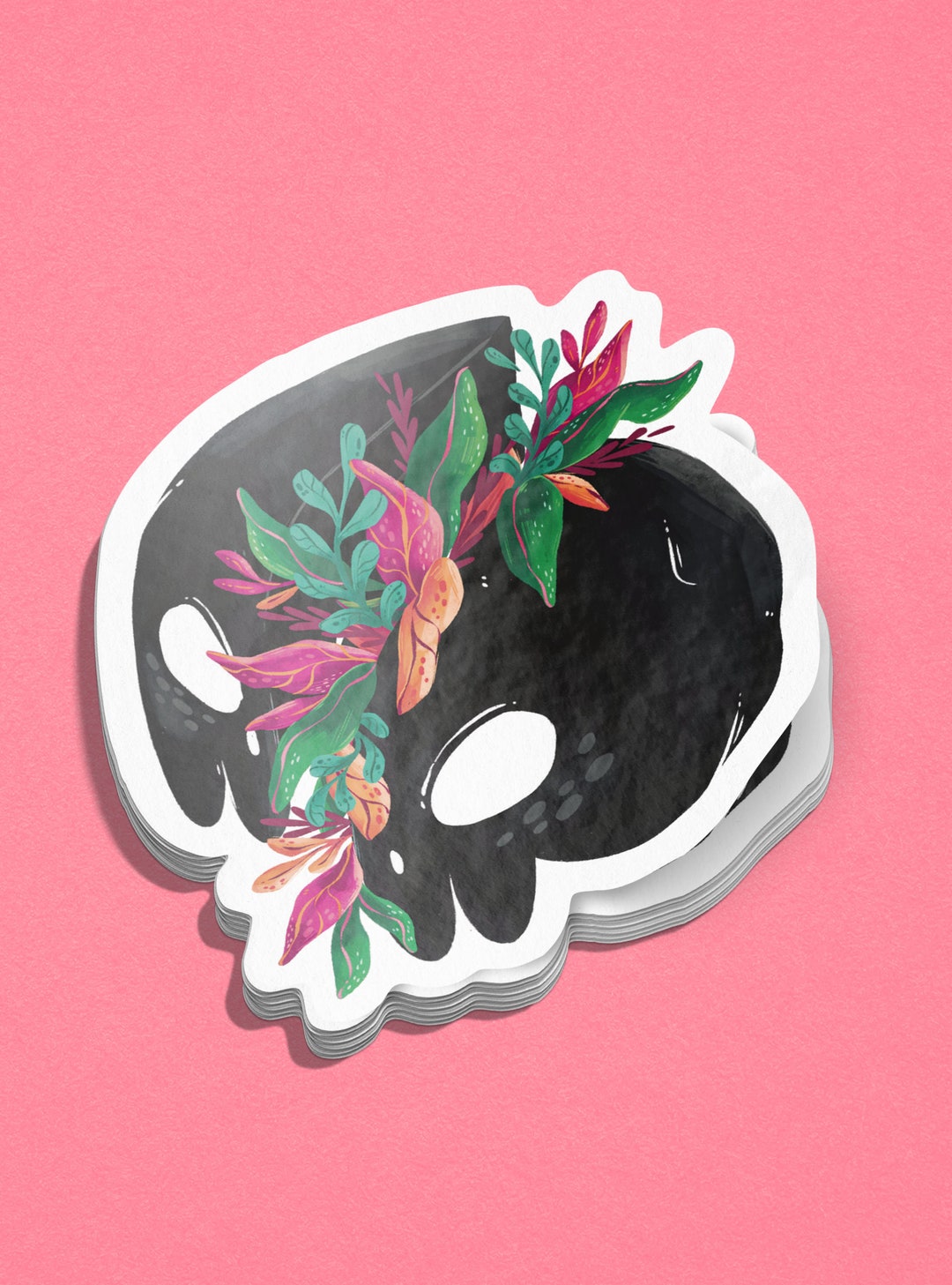 Pink Floral Skull Tattoo Style Illustrated Sticker Dark - Etsy