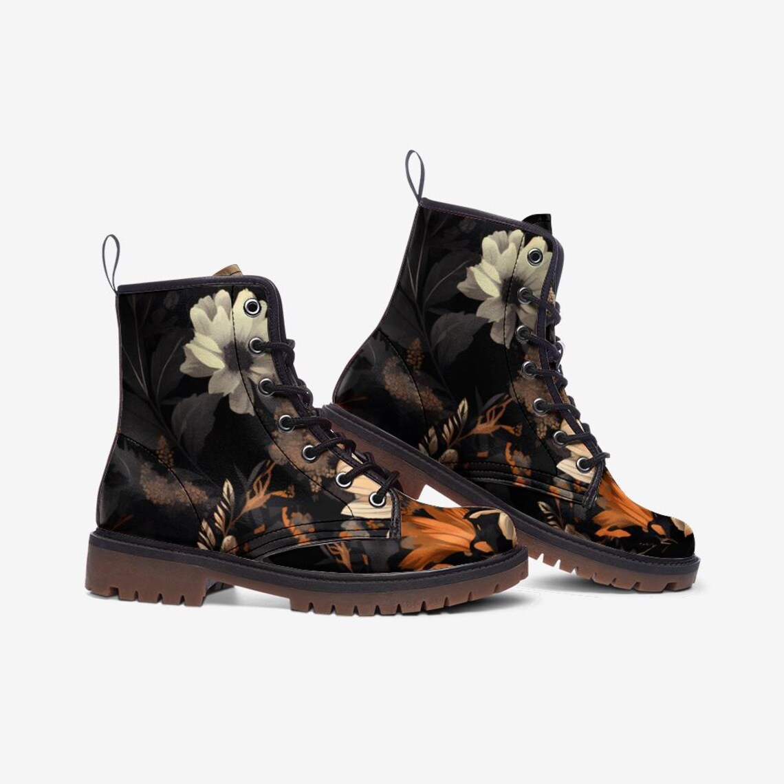 Dark Floral Cottagecore Vegan Leather Combat Boots | Whimsical Gothic ...