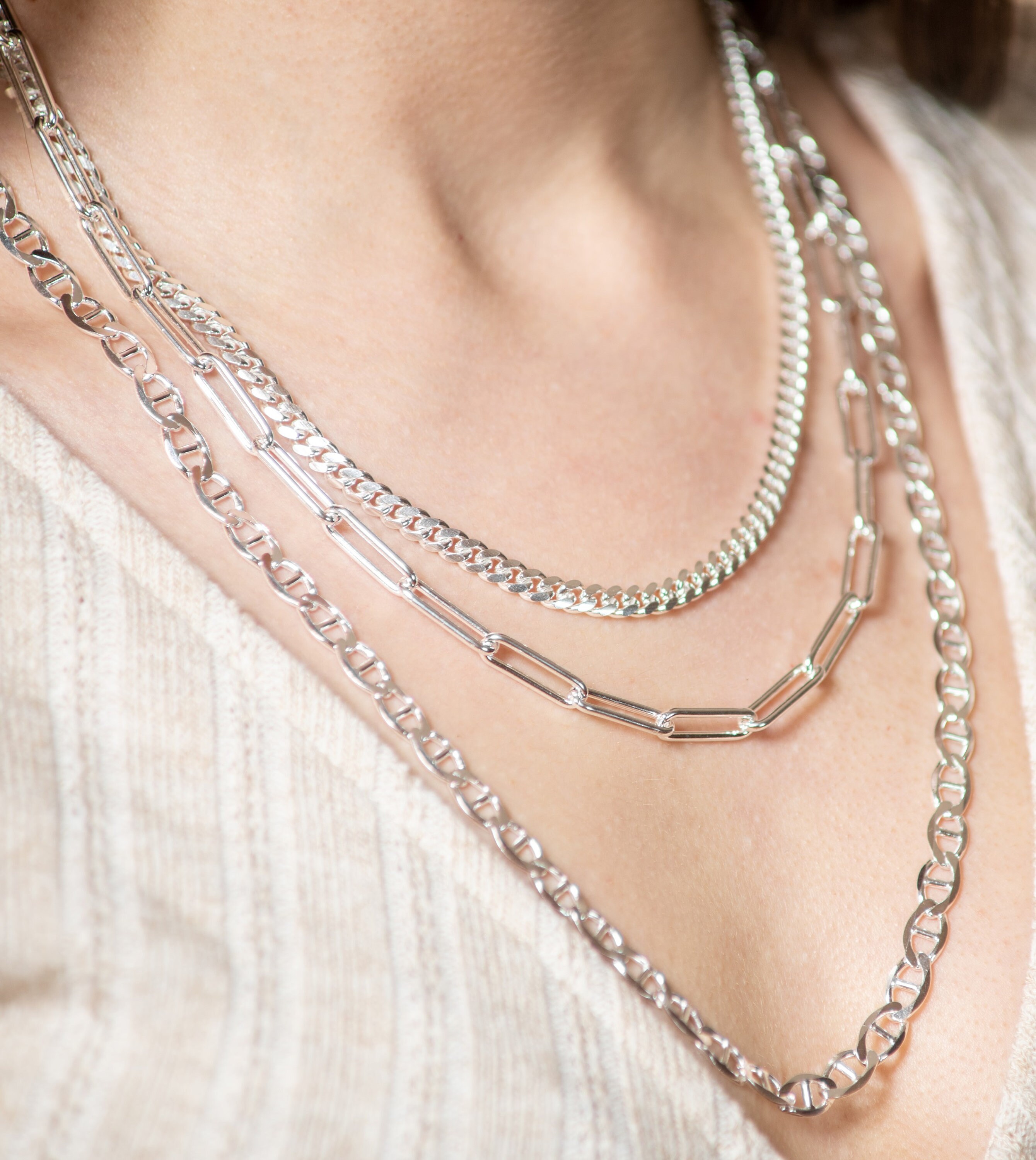 Silver Chain Necklace Set / Layering / Miami Cuban Curb / | Etsy